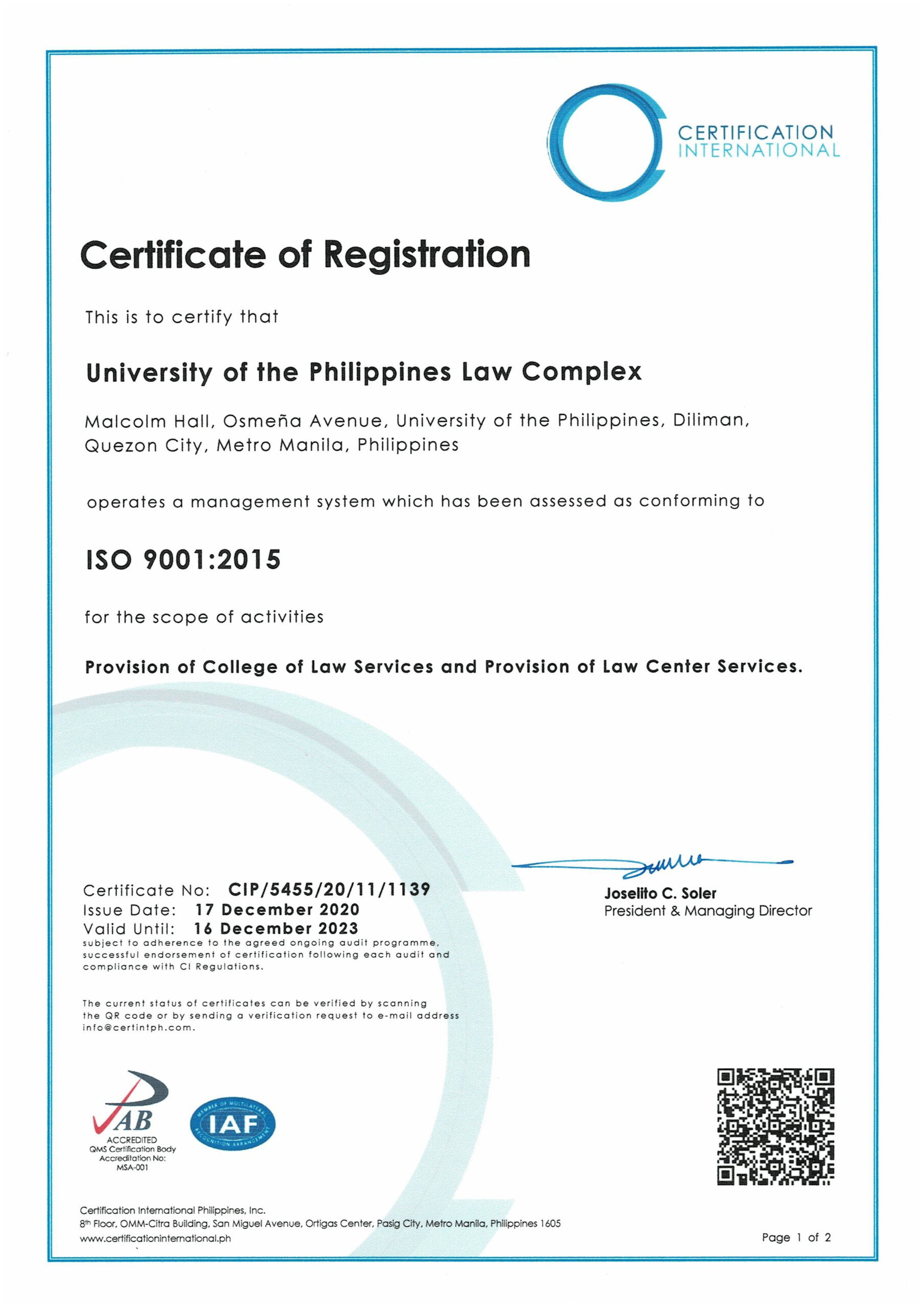 UP Law Complex ISO 9001:2015 Certification — UP College of Law